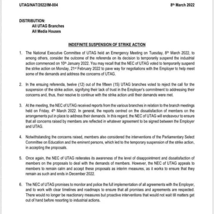 Indefinite Suspension Of Strike Action-UTAG | CountryGhanaNews